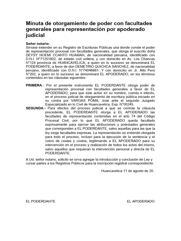 Minuta de Otorgamiento de Poder Con Facultades Generales para Representación Por Apoderado ...