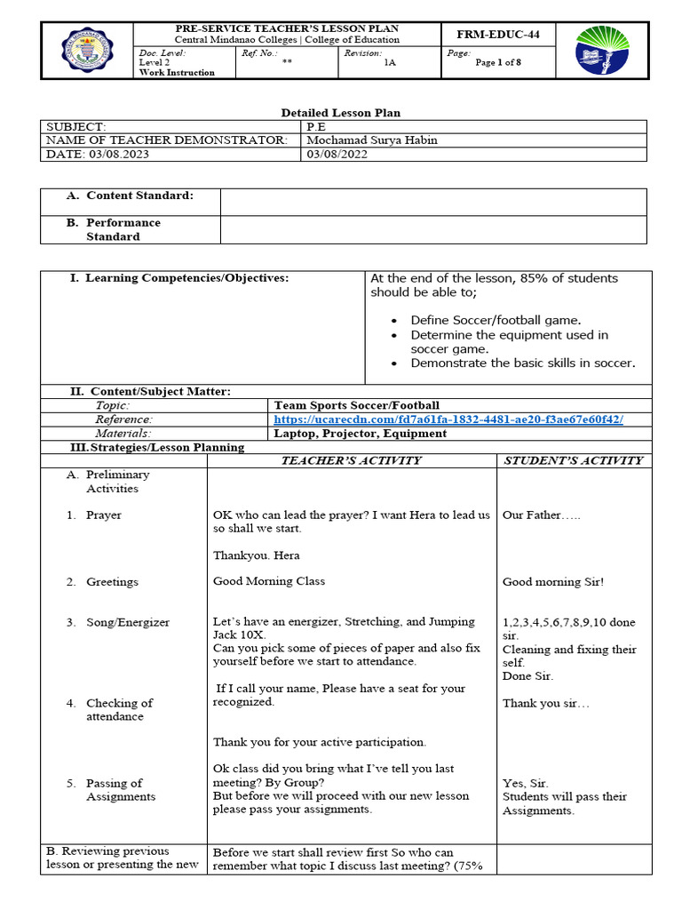 Final Detailed Lesson Plan Sir Leimar Soccer | PDF | Association ...