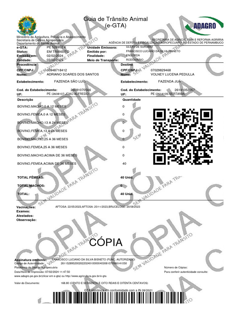 Cópia: Guia de Trânsito Animal (e-GTA) | PDF | Brasil