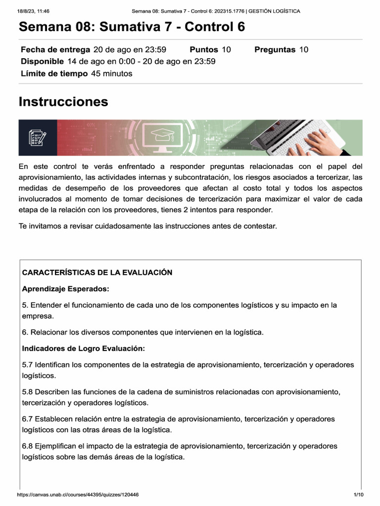 Semana 08 Sumativa 7 Control 6 Ely GESTI N LOG STICA 1 PDF | PDF | Cadena de suministro | Logística