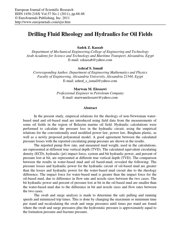 Drilling Fluid Rheology and Hydraulics For Oil Fields: Sadek Z. Kassab ...