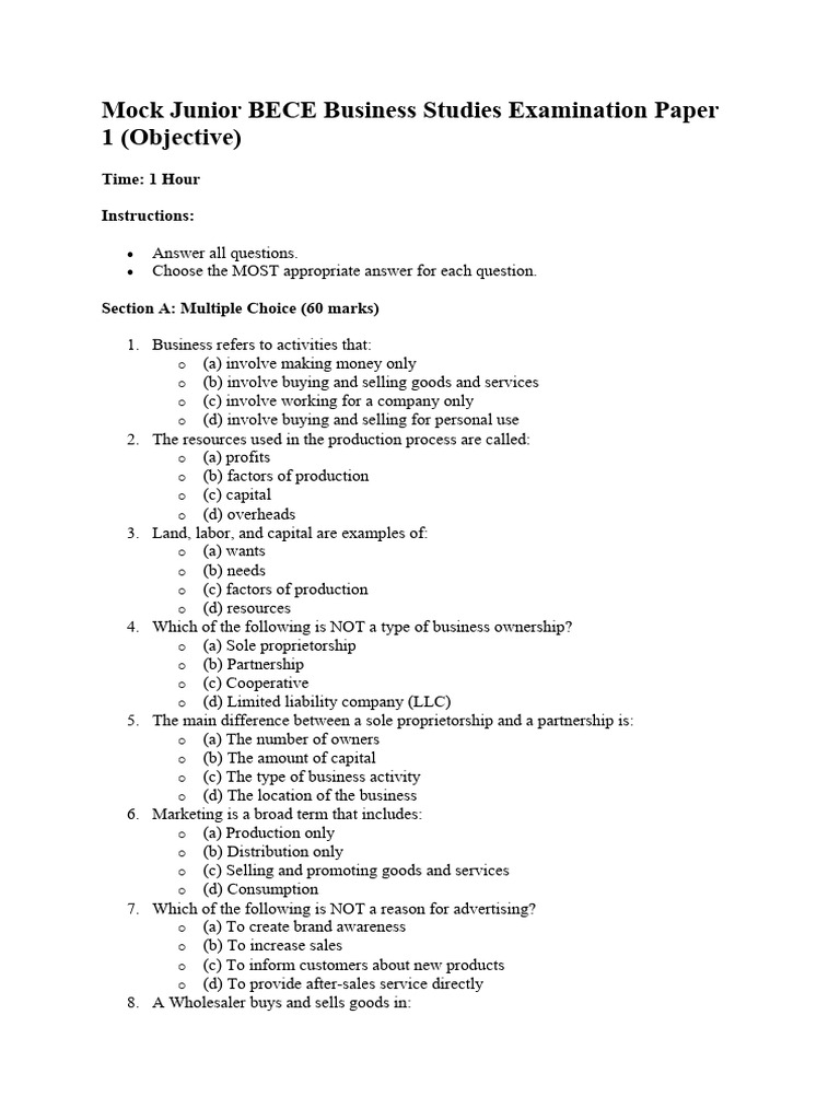 Mock Junior BECE Business Studies Examination Paper 1 | PDF | Expense ...