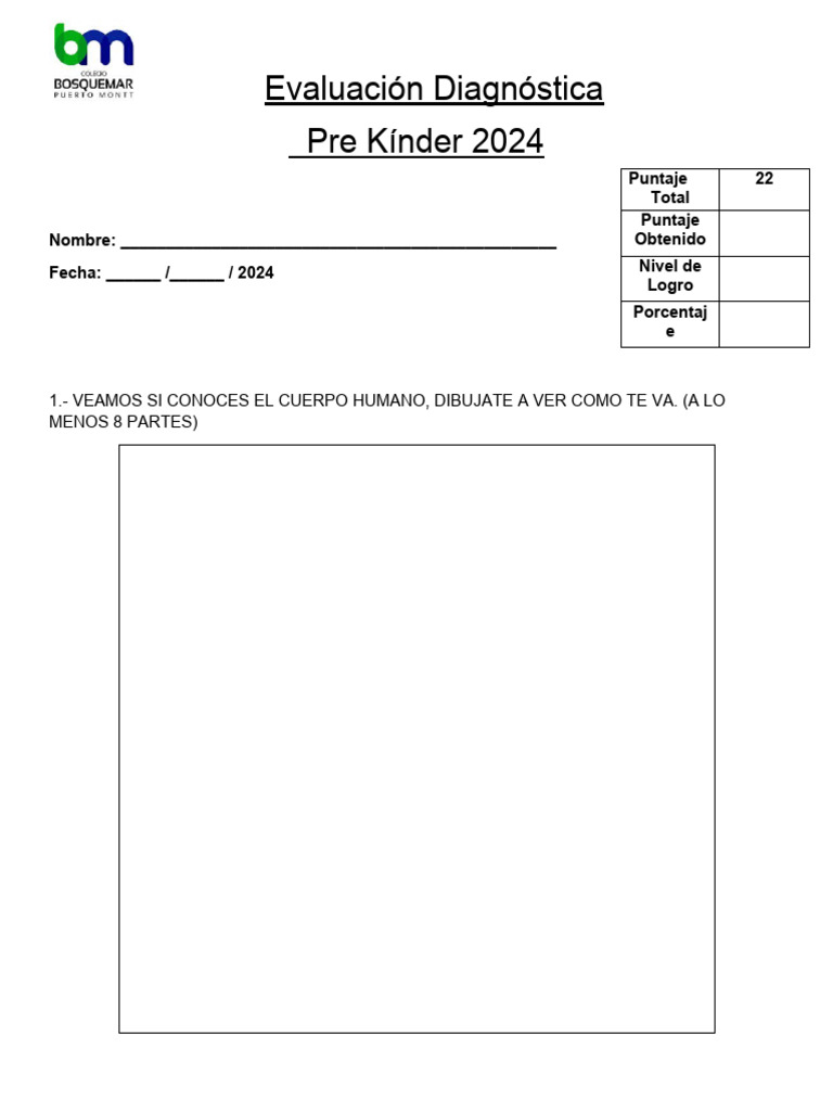 Evaluación Diagnóstica Pre Kínder 2024 | PDF
