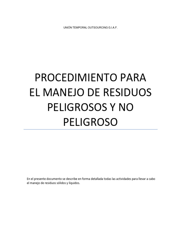 Procedimiento para El Manejo de Residuos Peligrosos y No Peligroso | Descargar gratis PDF ...