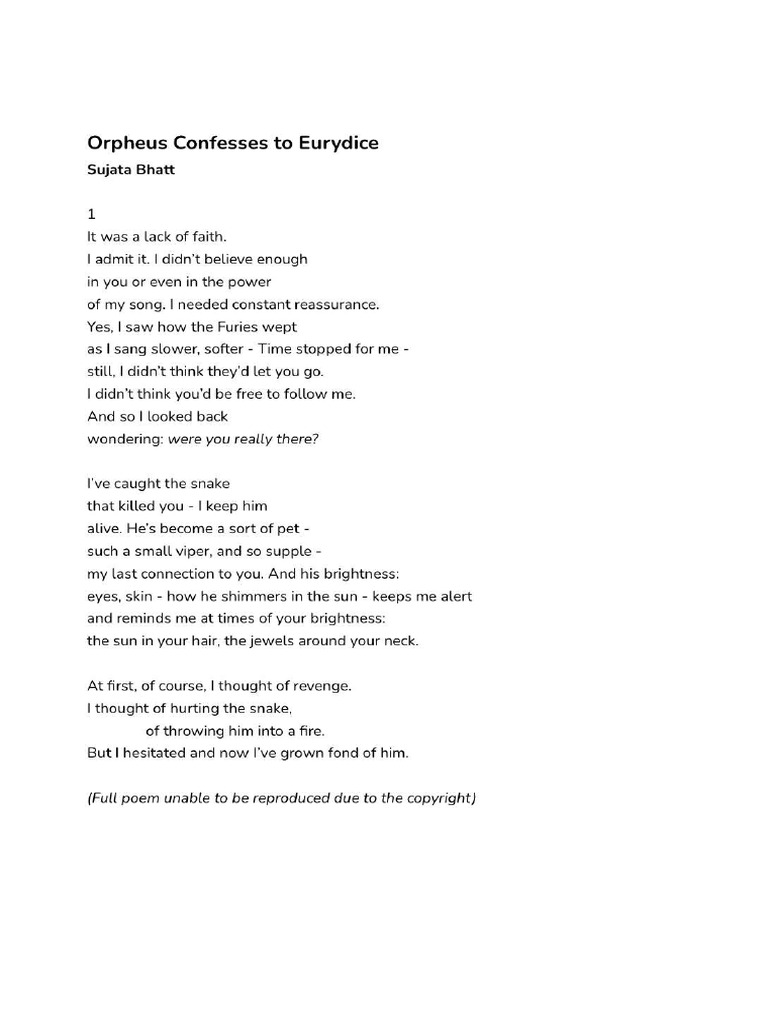 Orpheus Confesses To Eurydice | PDF