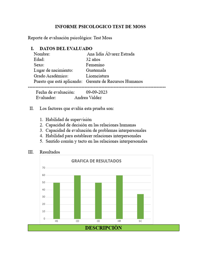 Informe Psicologico Test Moss | PDF | Sicología | Evaluación