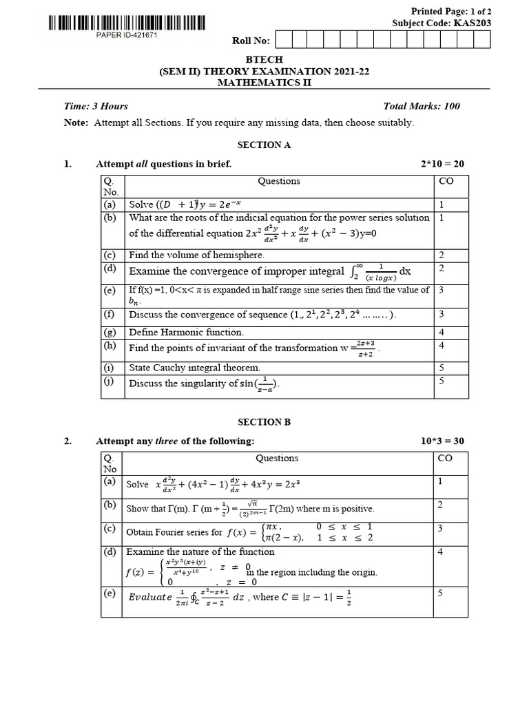 Btech 2 Sem Mathematics 2 Kas203 2022 | PDF | Mathematical Analysis ... Btech 2 Sem Mathematics 2 Kas203 2022 | PDF | Mathematical Analysis ...
