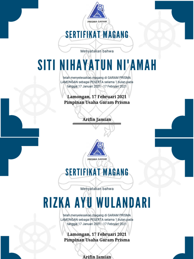 Sertifikat Magang Garam Prisma Lamongan 2021 | PDF