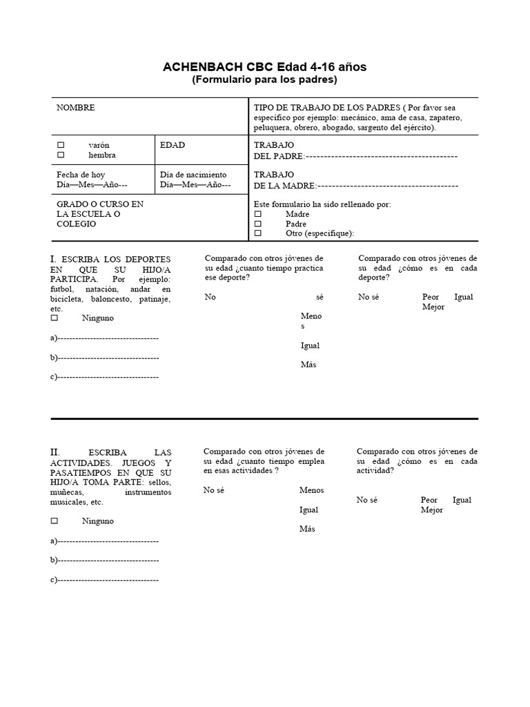 Achenbach CBC (4-16 Años) (Formulario para Los Padres) | PDF