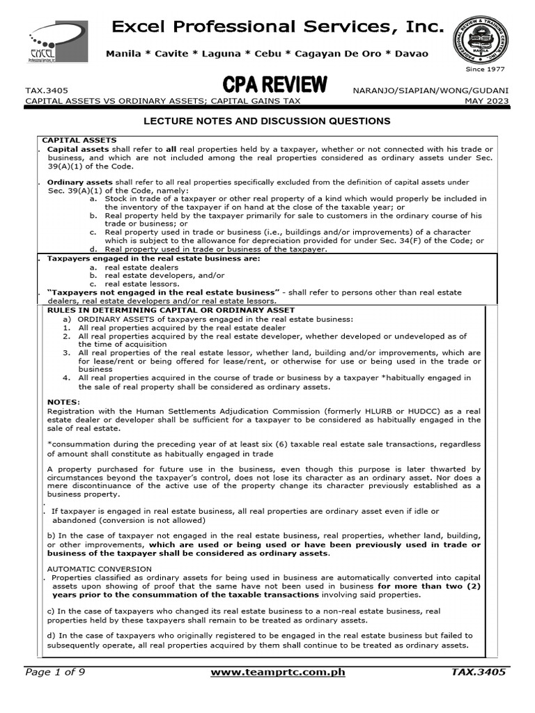 Tax.3405 Capital Assets VS Ordinary Assets | PDF | Capital Gains Tax ...