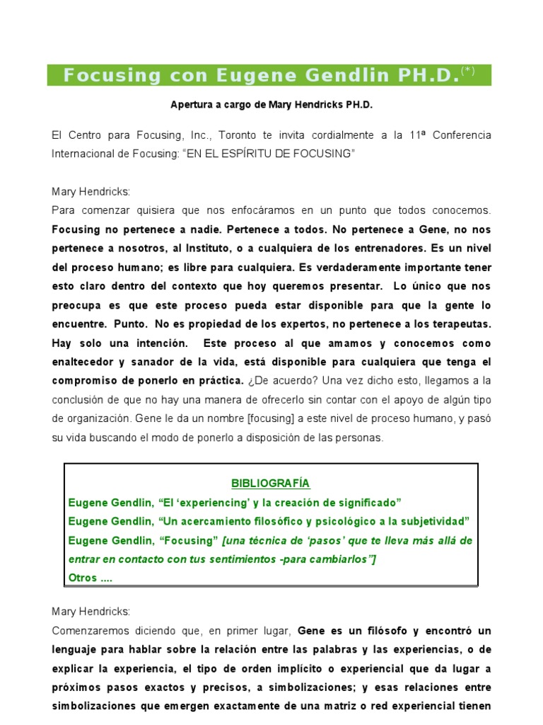 Focusing con Eugene Gendlin - 11° Conferencia Internacional de Focusing ...