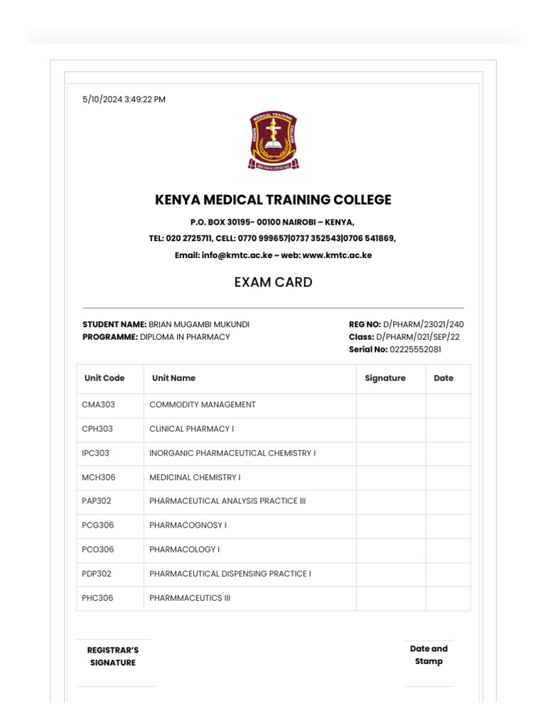 Diploma in Pharmacy Exam Card | PDF