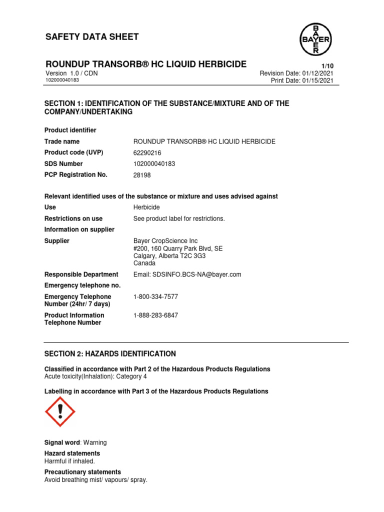 ROUNDUP TRANSORB HC LIQUID HERBICIDE - EN - 01-19-21 - Ac | PDF ...