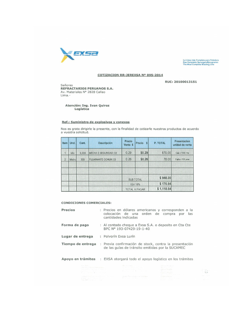 Cotizacion Exsa - Explosivos - Repsa | PDF
