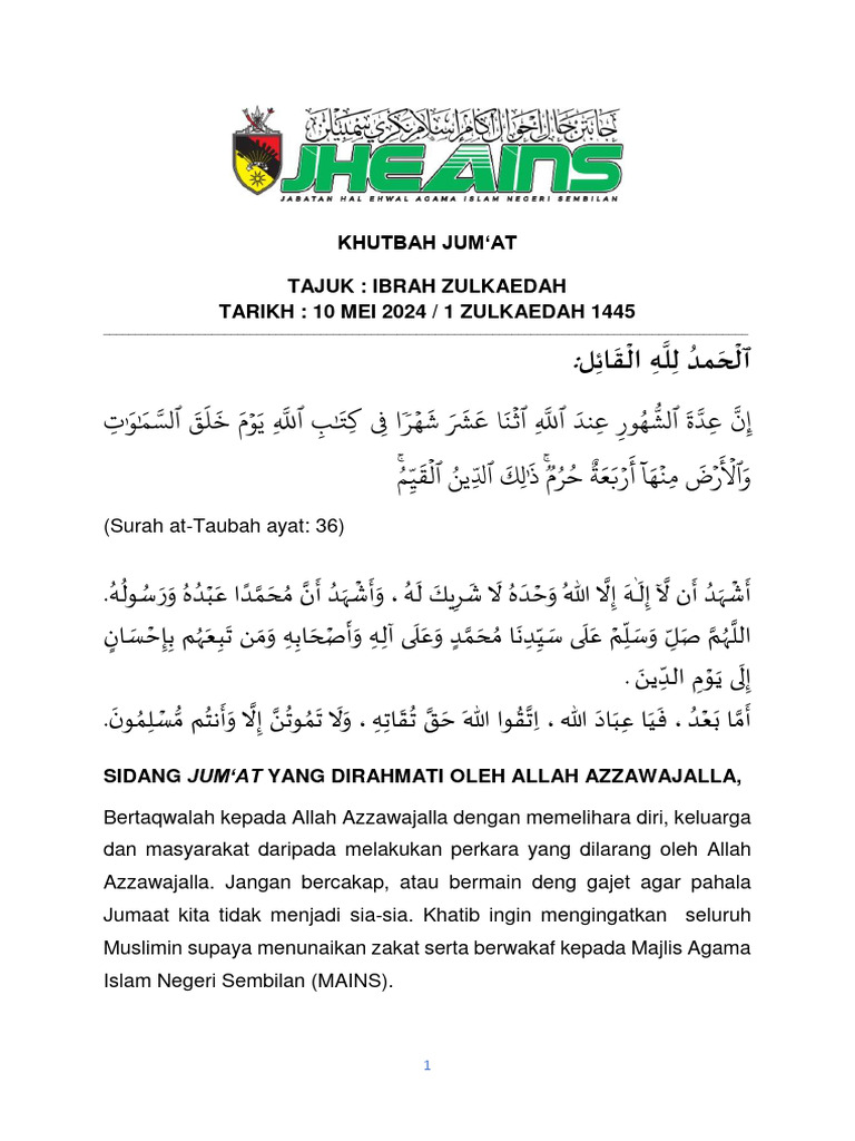 5960-Khutbah Jumaat - 10 Mei 2024 - Ibrah Zulkaedah | PDF | Agama ...