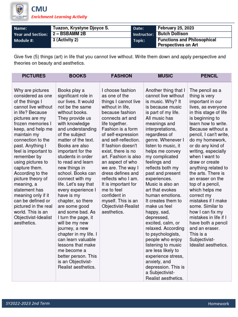 Module 3 Activity 2 | PDF | Aesthetics | Behavioural Sciences Module 3 Activity 2 | PDF | Aesthetics | Behavioural Sciences