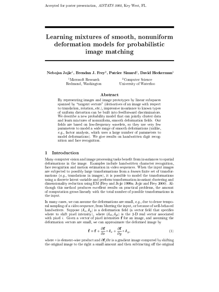 2001_Frey_LearningMixturesforImageMatching | PDF | Wavelet | Applied Mathematics