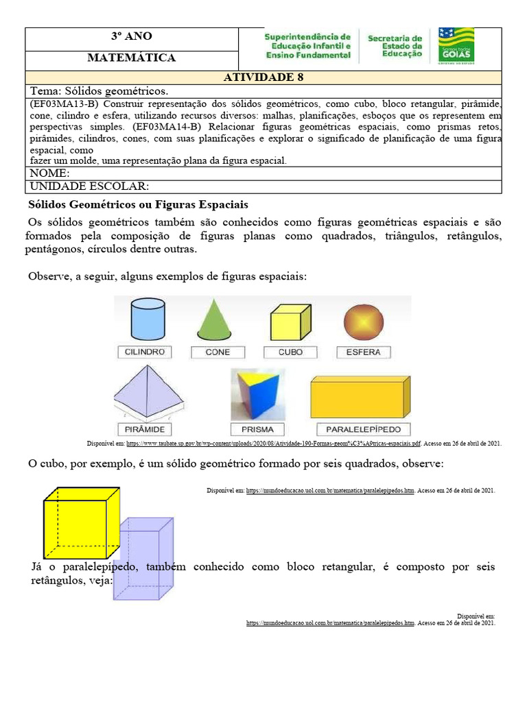 Atividade 8 3o Ano Matematica Tema Solidos Geometricos Professor ...