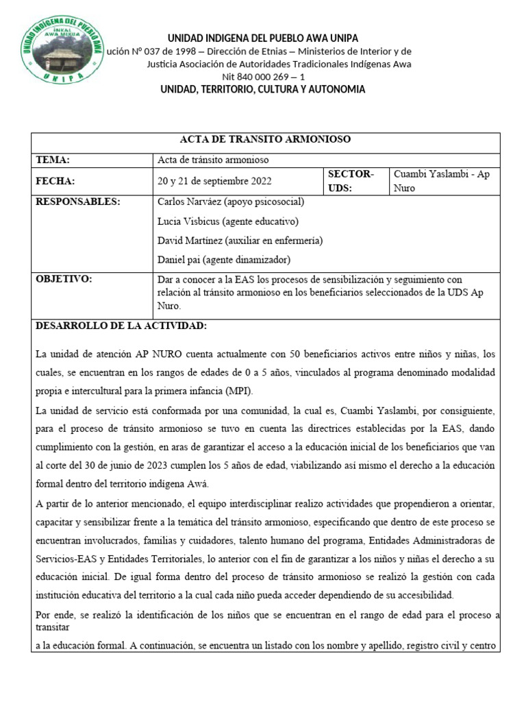 Acta de Tránsito Armónico Awa | PDF