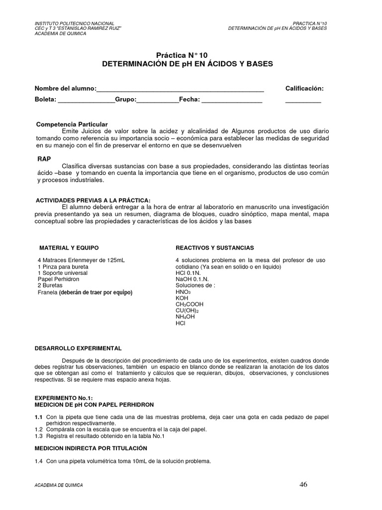 Practica No 10 DETERMINACIÓN DE PH EN ÁCIDOS Y BASES | PDF | Ácido ...