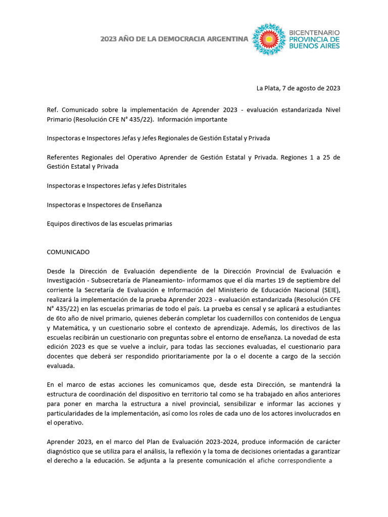 Comunicado APRENDER 2023 - Evaluación Estandarizada | PDF | Evaluación | Enseñando
