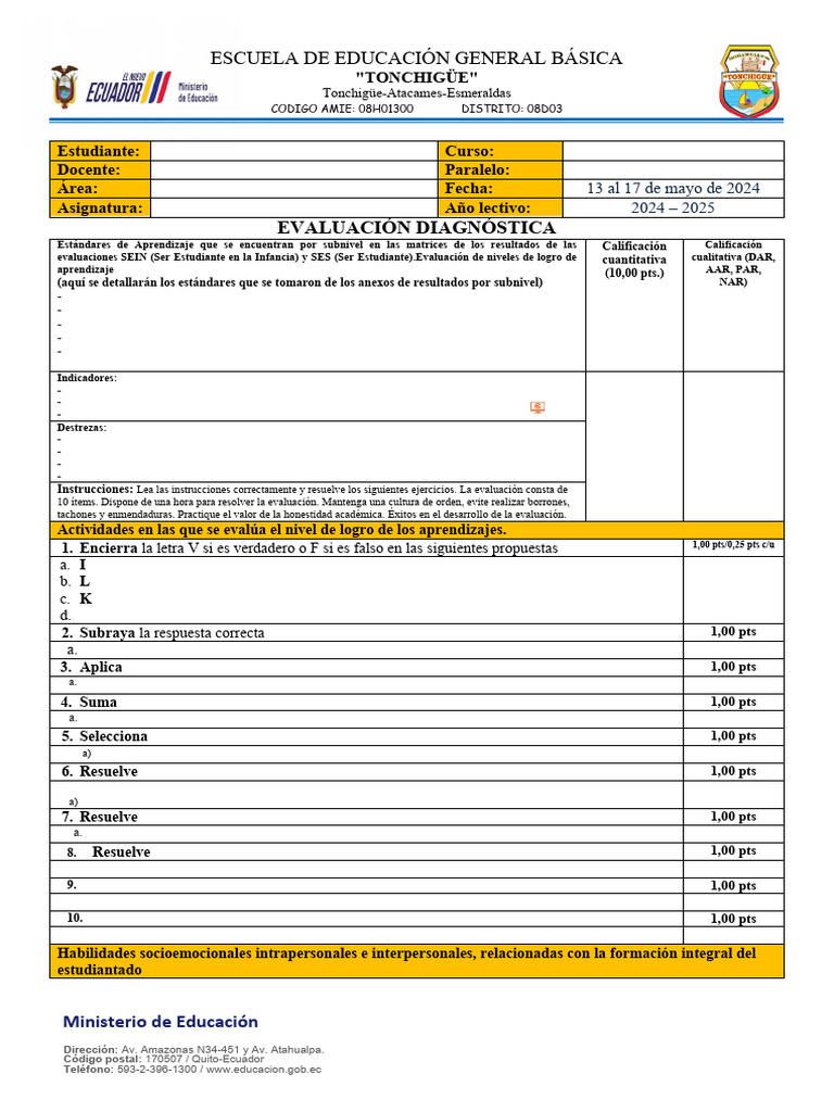 Formato Evaluación Diagnóstica 2024-2025 | PDF | Evaluación | Cognición
