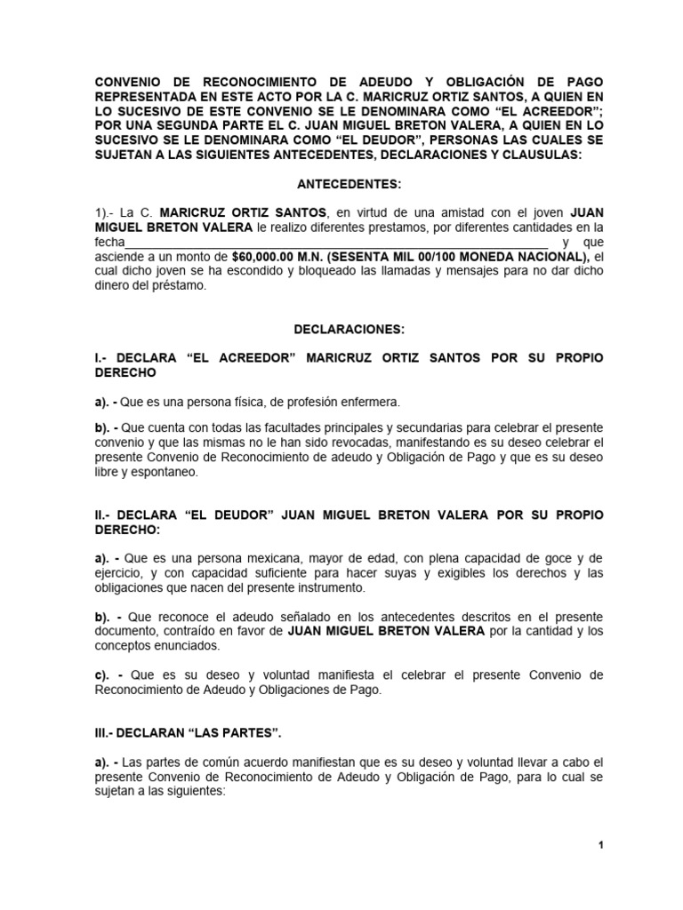 Formato De Convenio De Reconocimiento De Adeudo Y Plan De Pago