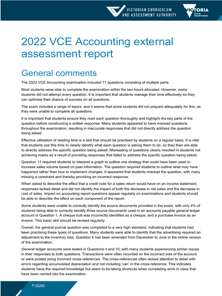 2022 VCE Accounting External Assessment Report: General Comments | PDF ...