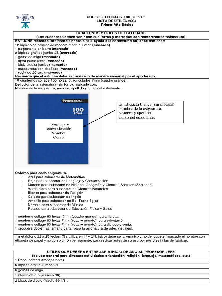 Lista de Útiles 1º Básicos 2024 | PDF | Lápiz | Cuaderno