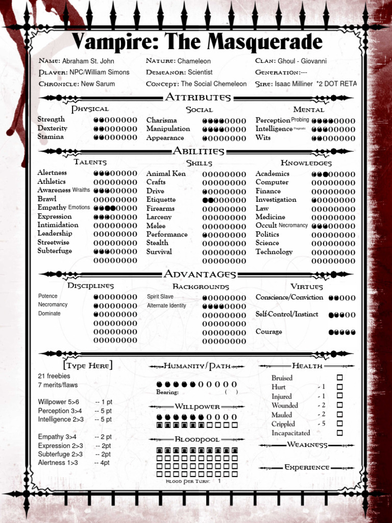 Vampire: The Masquerade Character Sheet | PDF | Behavioural Sciences ...