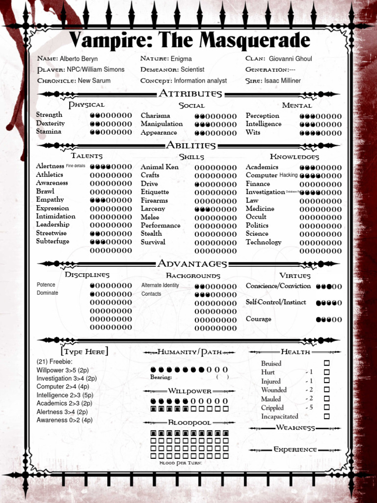Vampire: The Masquerade Character Sheet | PDF