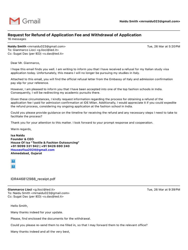 Refund Request for Study Application Fee | PDF