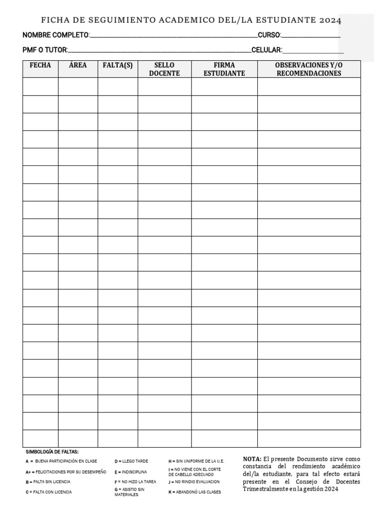Ficha de Seguimiento Academico Del Estudiante 2024 | PDF