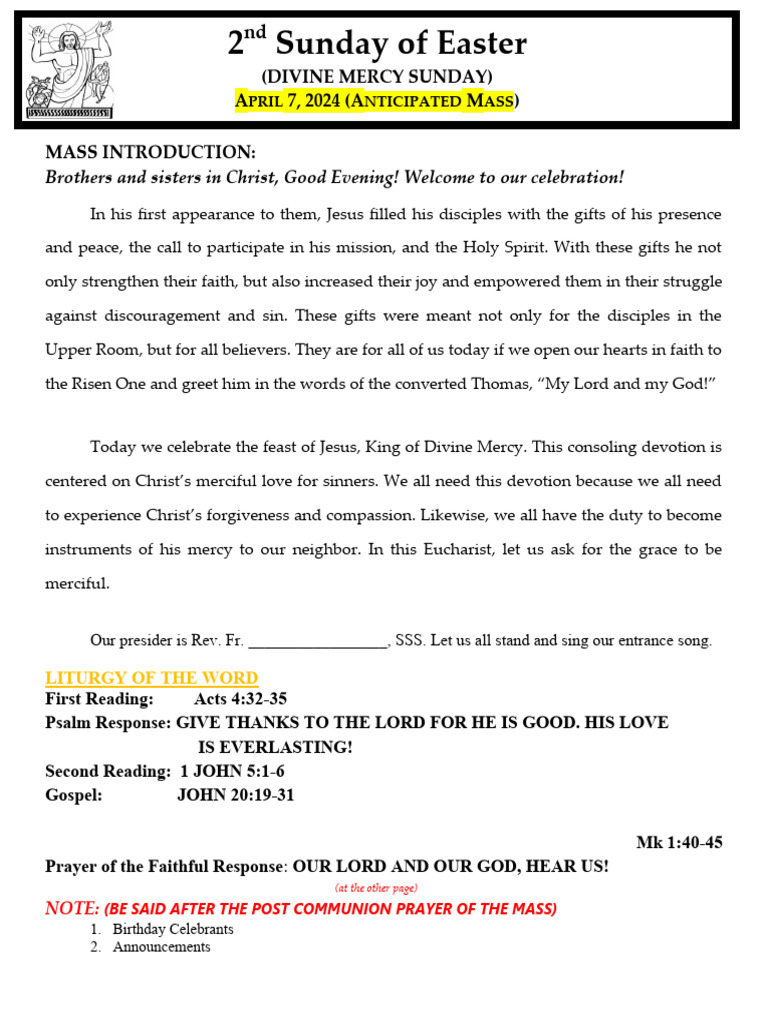 2nd Easter Sunday Mass Intro and PoF | PDF | Eucharist | Mass (Liturgy)