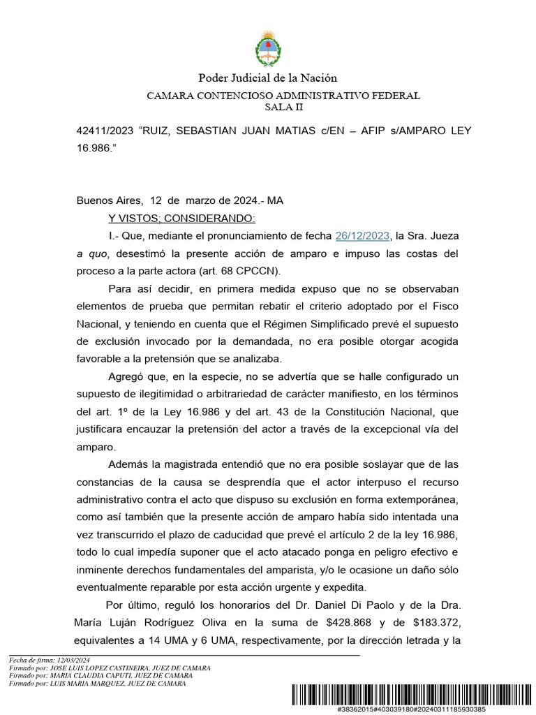 Monotributo Jurisprudencia 2024 Ruiz, Sebastián Juan Matías-Exclusion Del Regimen | PDF | Caso ...
