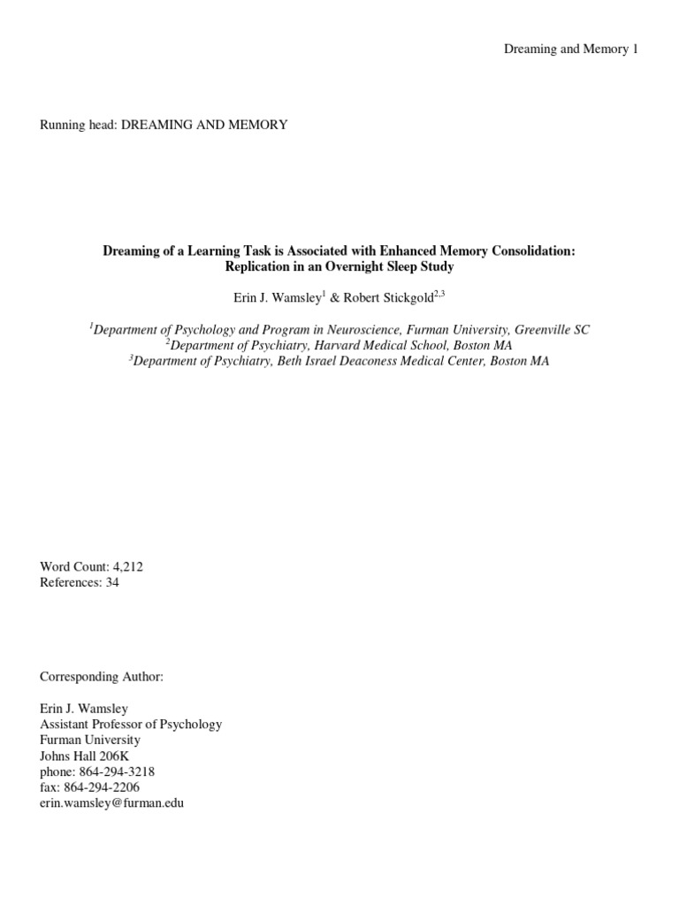 Dreaming of A Learning Task Is Associated With Enhanced Memory Consolidation Replication in An ...