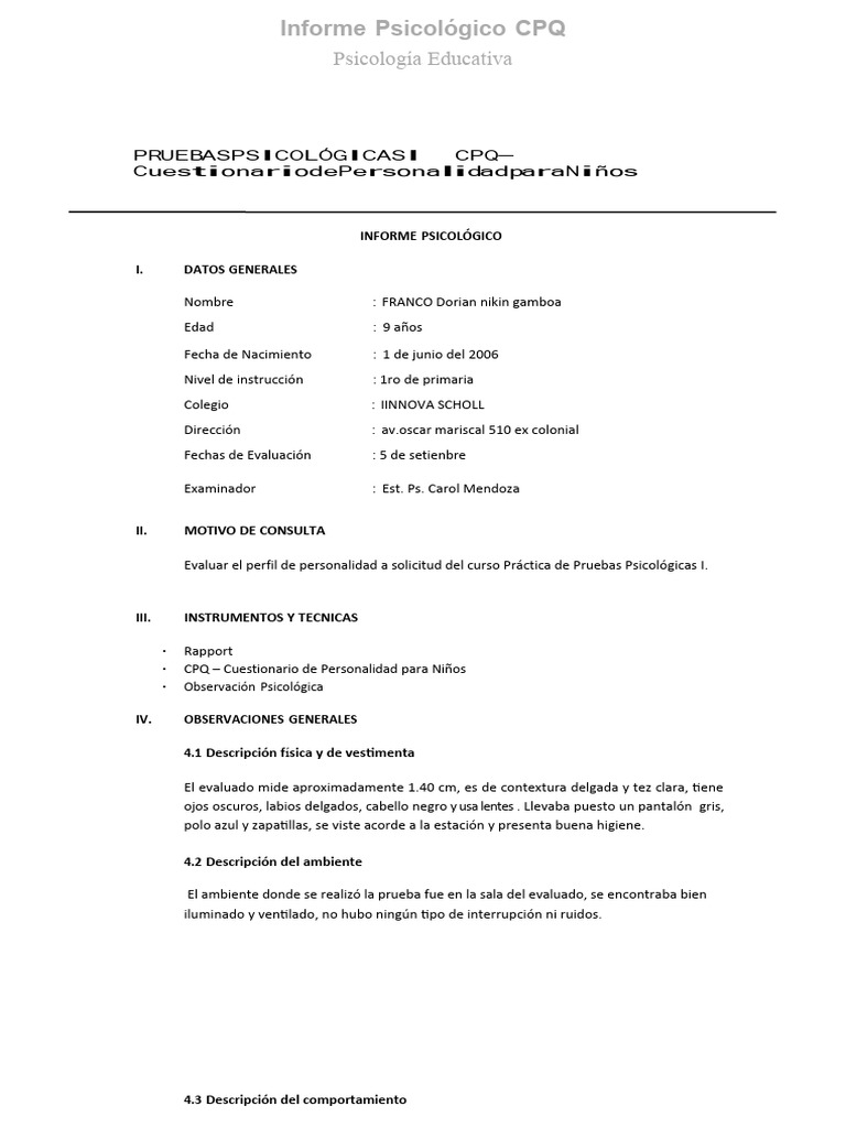 Informe Psicologico CPQ - Ejemplo | PDF | Sicología | Ciencias del comportamiento