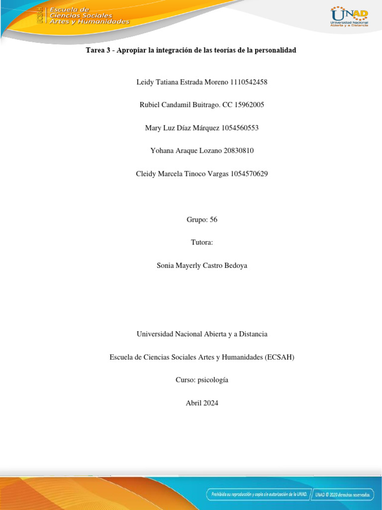 Tarea 3 - Apropiar La Integración de Las Teorías de La Personalidad - Grupo - 56 | PDF ...