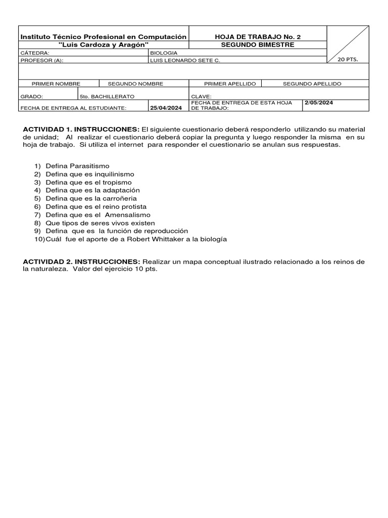 02 - Hoja de Trabajo de de Biologia | PDF