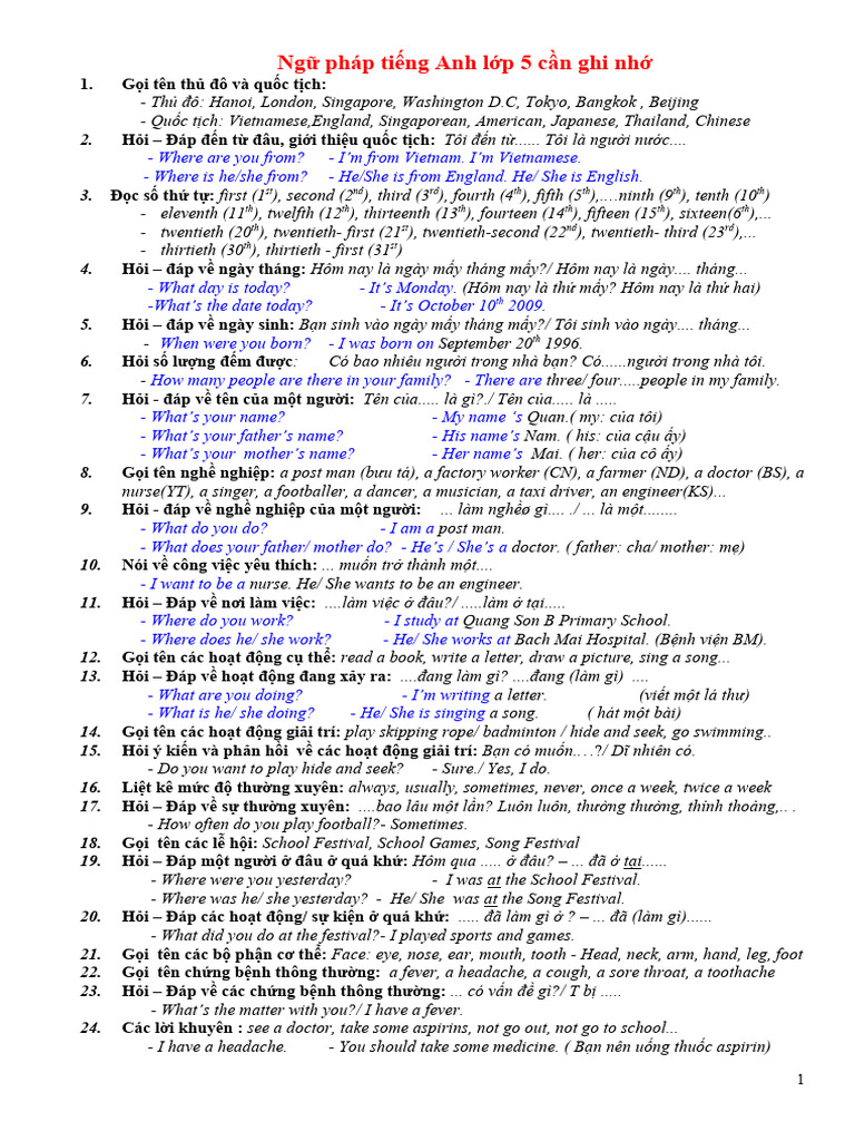 Tong Hop Ngu Phap Tieng Anh Lop 5 | PDF