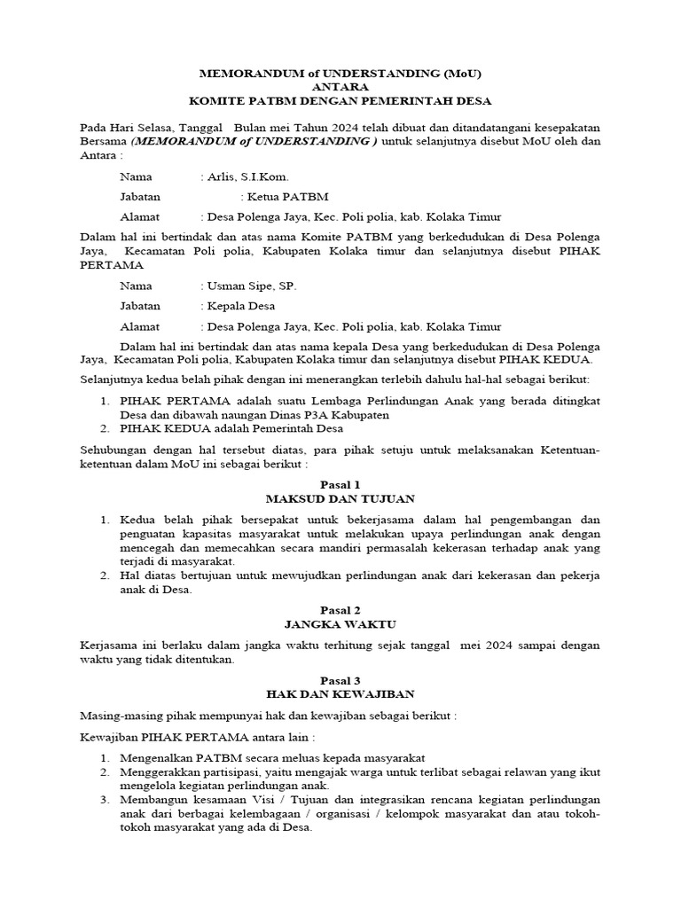 Contoh Mou Patbm Dan Pemerintah | PDF