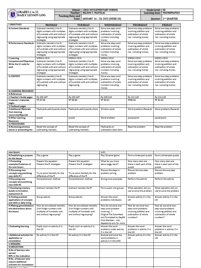 DLL - Mathematics 3 - Q1 - W9 | PDF | Subtraction | Flashcard