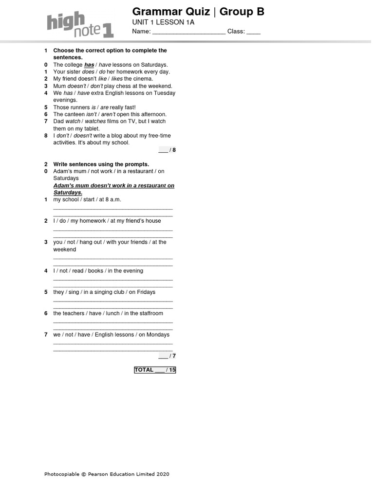 HighNote1 Grammar Quiz Unit01A GroupB | PDF