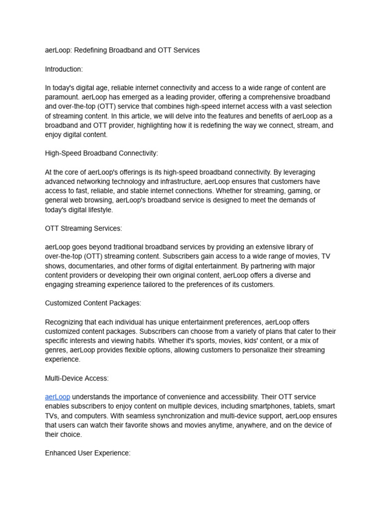 Aerloop - Redefining Broadband and OTT Services | PDF | Streaming Media ...