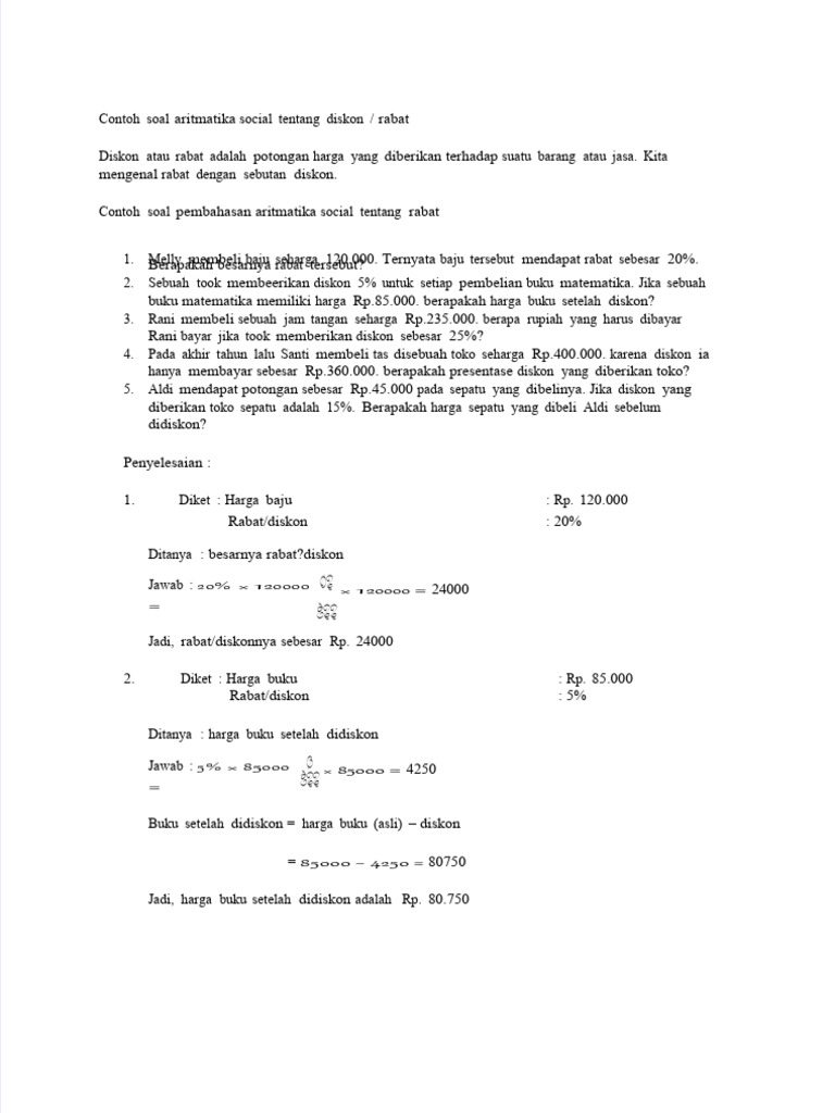 PDF Contoh Soal Aritmetika Sosial Tentang Diskon - Compress | PDF