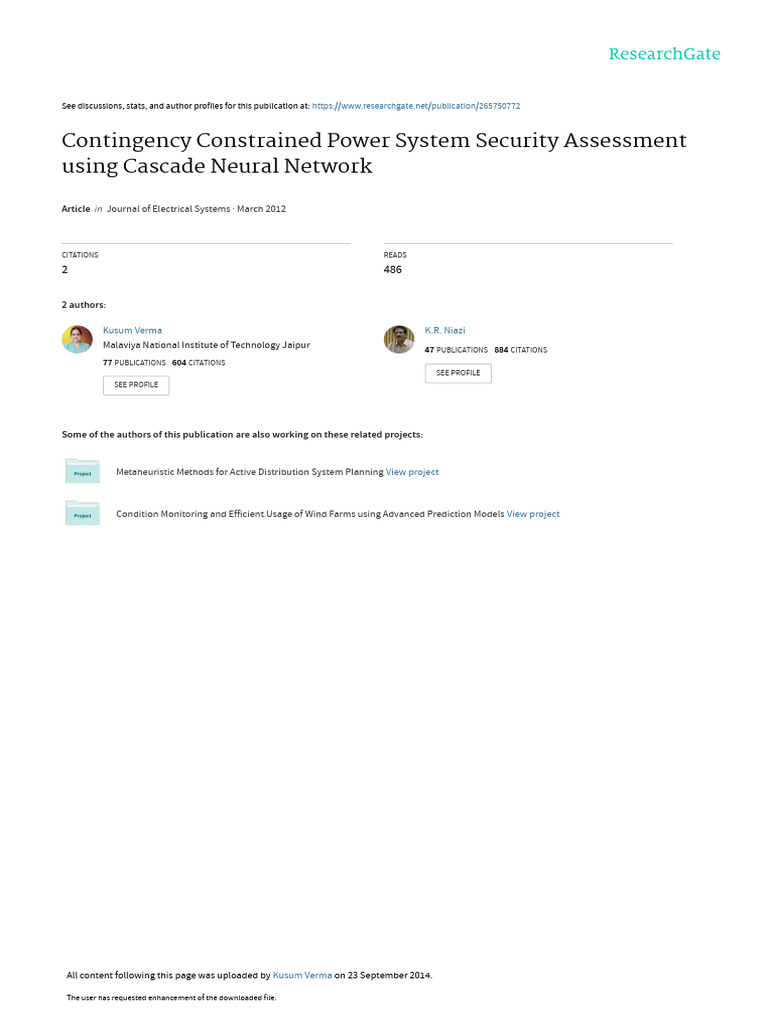 Contingency Constrained Power System Security Assessment Using Cascade Neural Network Pdf