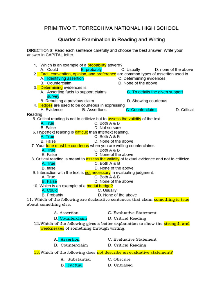 4th Quarter Reading and Writing Exam Guide | PDF | Social Media ...