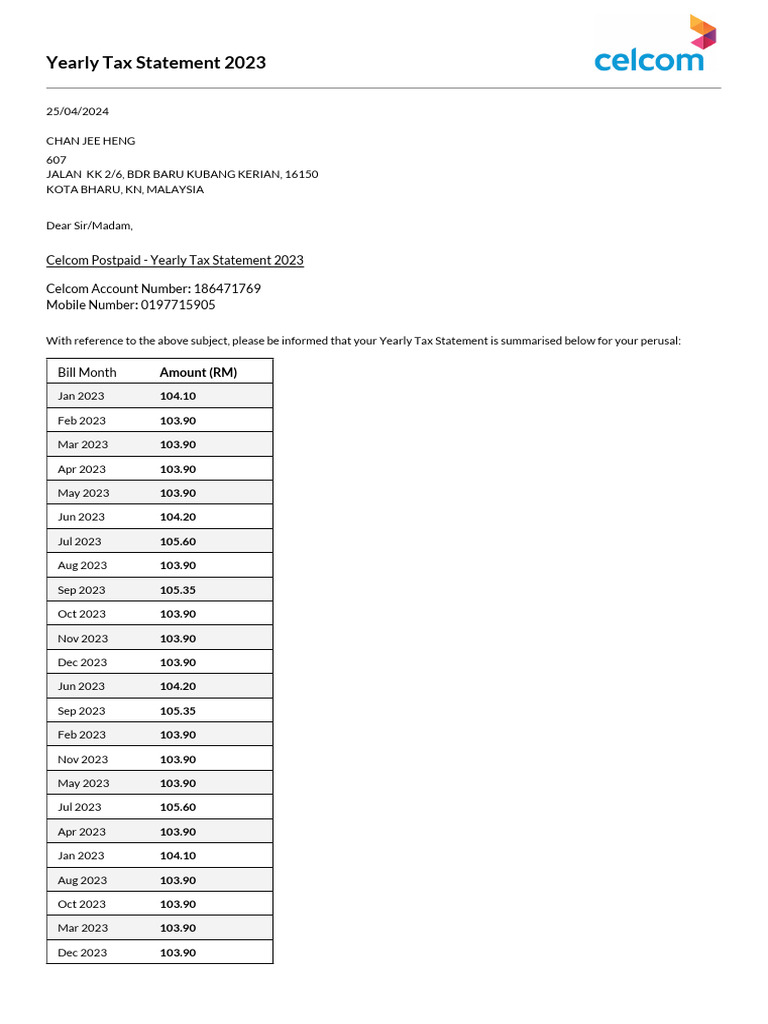 Celcom Postpaid Tax Summary 2023 | PDF