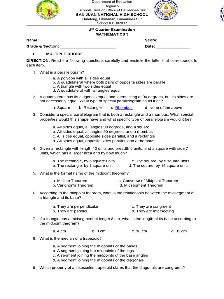 2nd Quarter Examination Grade 9 | Download Free PDF | Rectangle ...