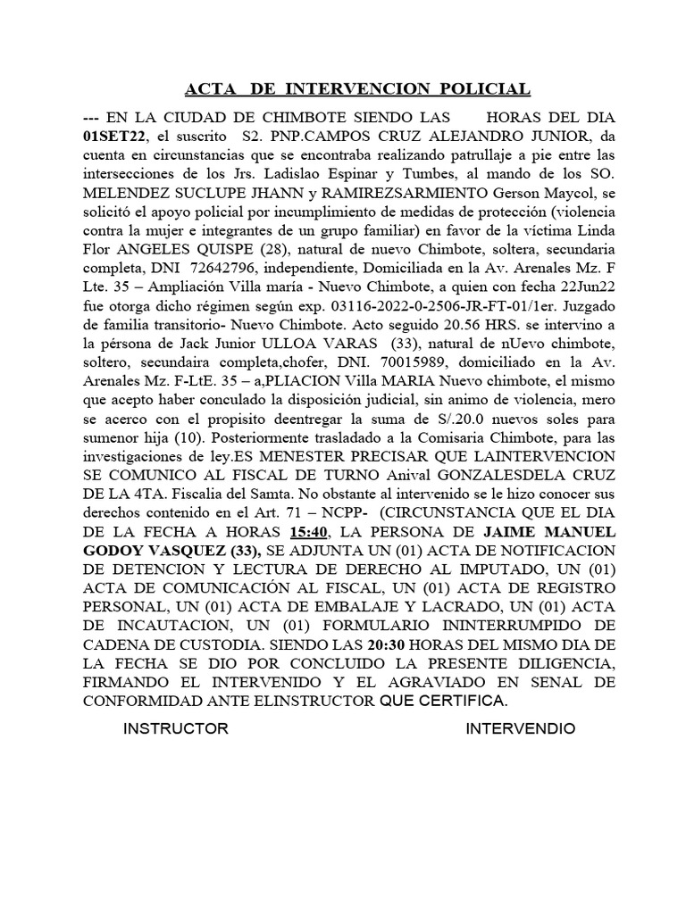 Acta de Intervencion Policial Balta | PDF | Derecho